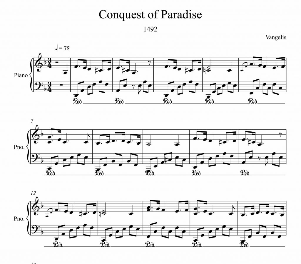 نت آهنگ Conquest of Paradise برای پیانو - نت پیانو Piano sheet